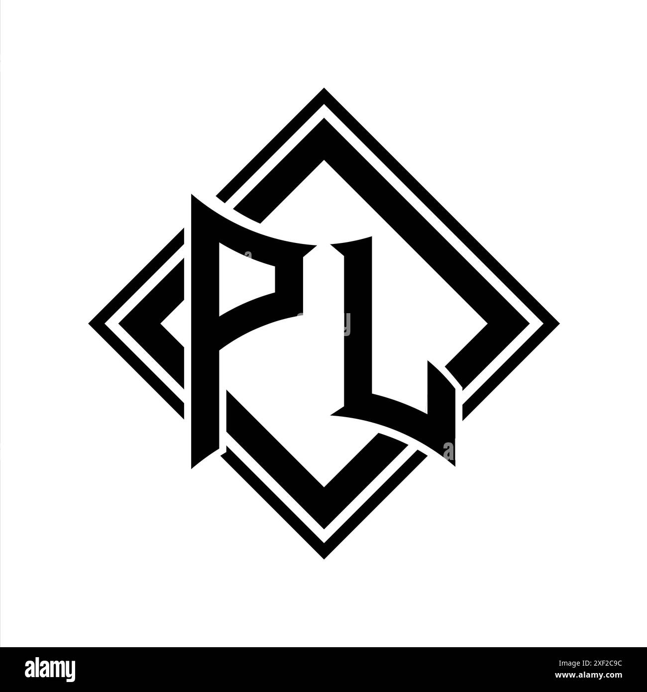 PL Letter logo with abstract shield shape with square black outline on ...