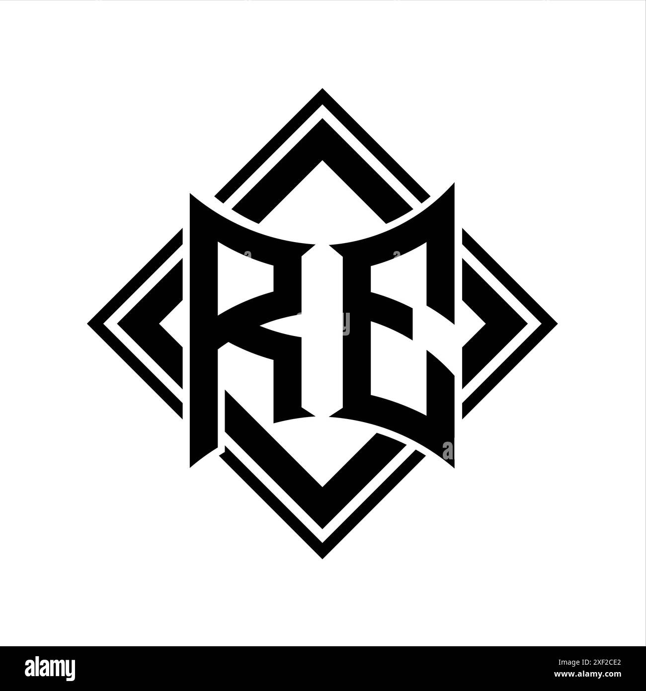 RE Letter logo with abstract shield shape with square black outline on ...