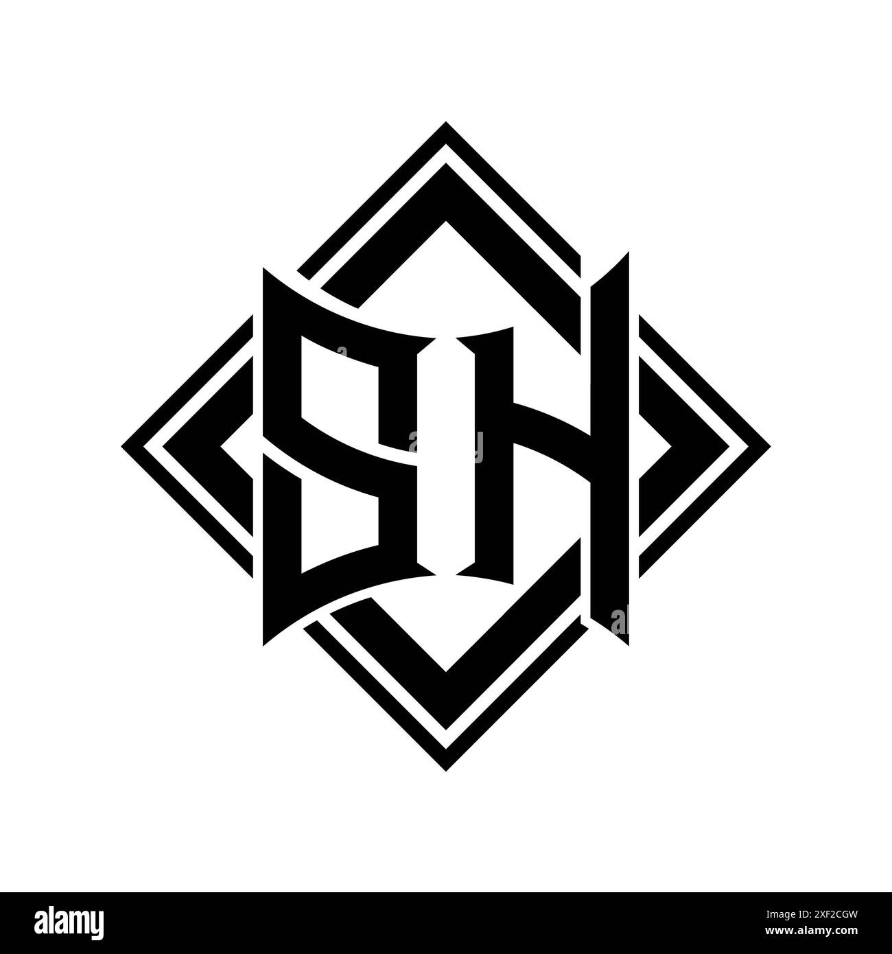 SH Letter logo with abstract shield shape with square black outline on ...