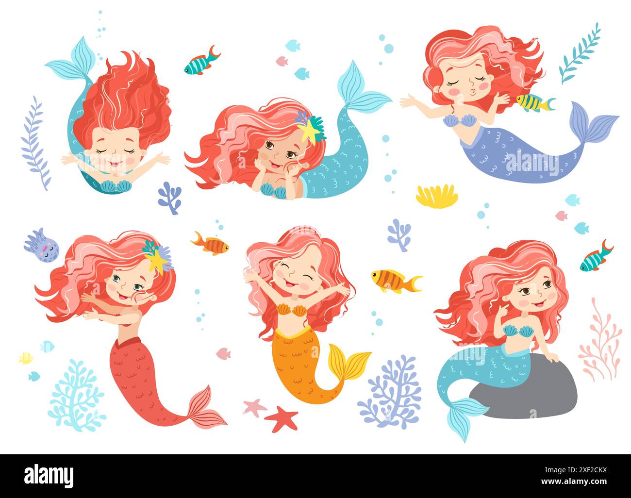Hand drown vector illustration of Beautiful Girl Mermaid with with pink ...