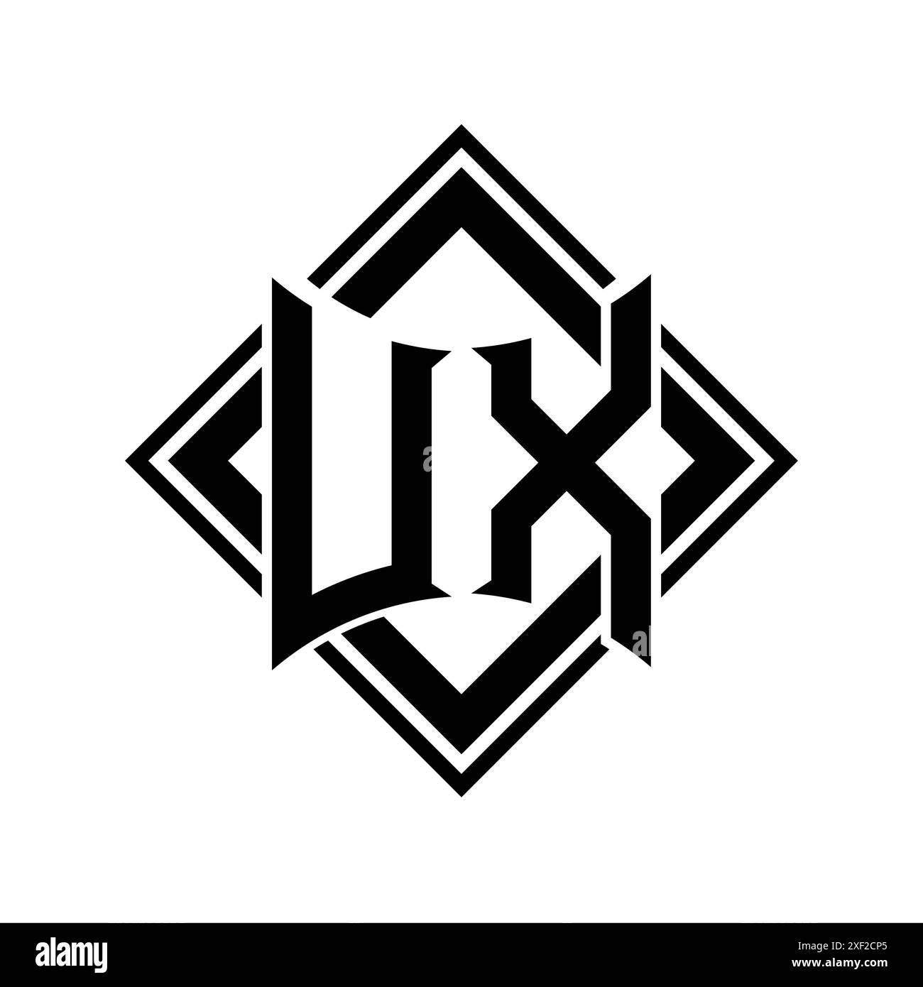 UX Letter logo with abstract shield shape with square black outline on white background template ...