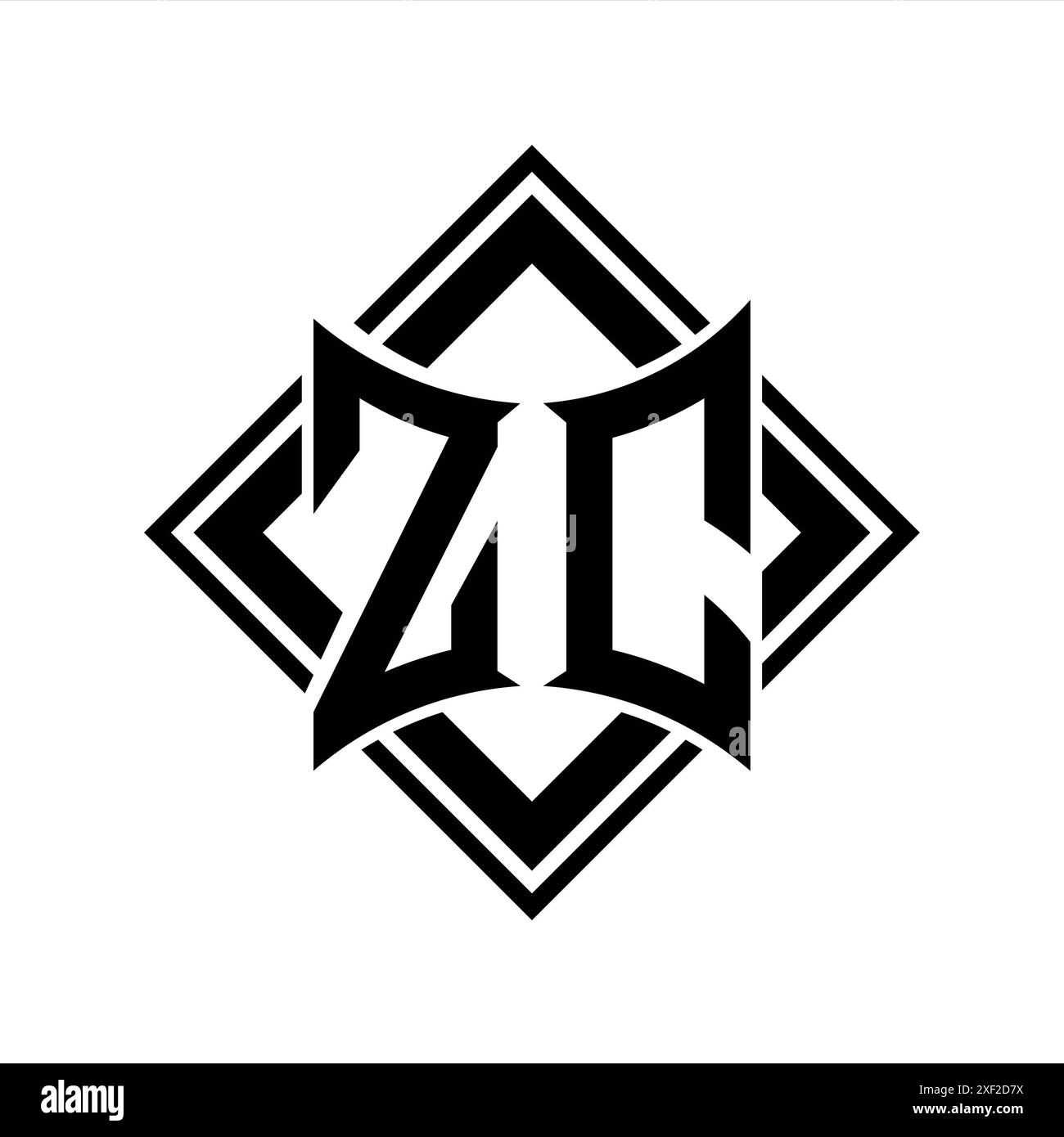 ZC Letter logo with abstract shield shape with square black outline on white background template ...