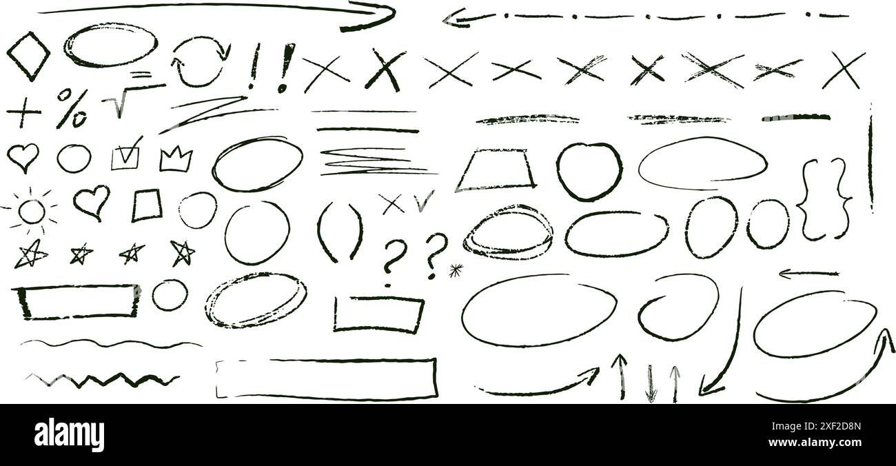 Black underline pencil hand drawn various ellipses, punctuation marks ...