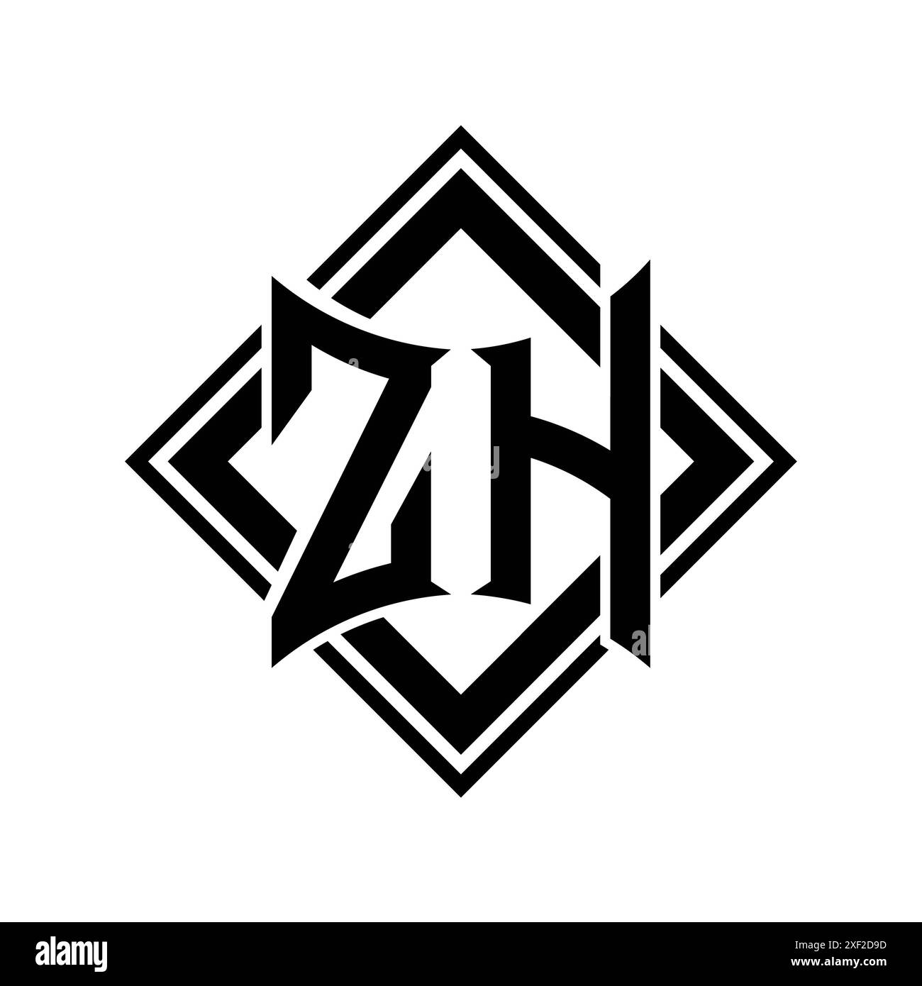 ZH Letter logo with abstract shield shape with square black outline on white background template ...