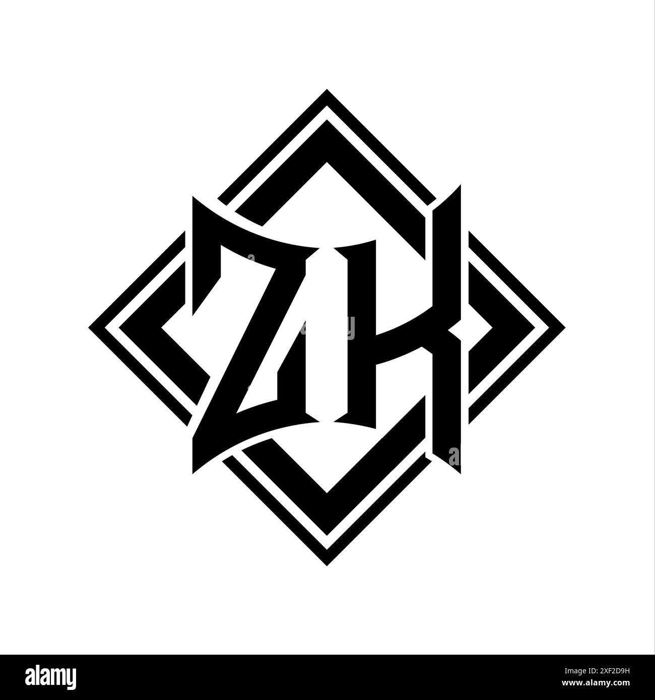 ZK Letter logo with abstract shield shape with square black outline on white background template ...