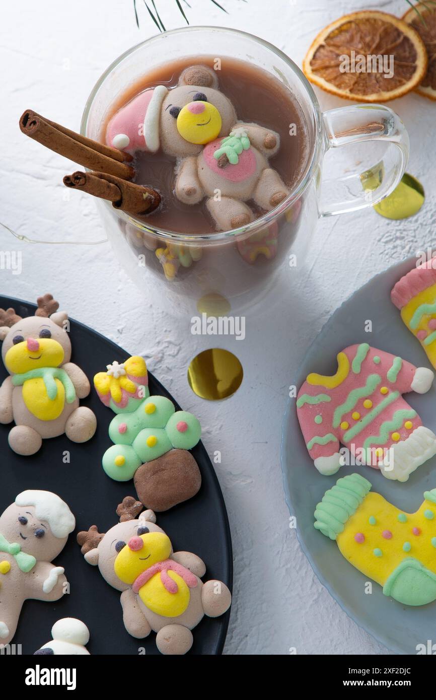 Christmas marshmallows. Winter candy. Sweet food in december. Bear in ...