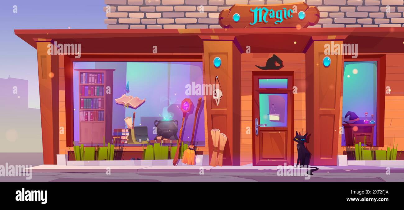 Magic shop facade with wooden entrance door, large window showcase and ...