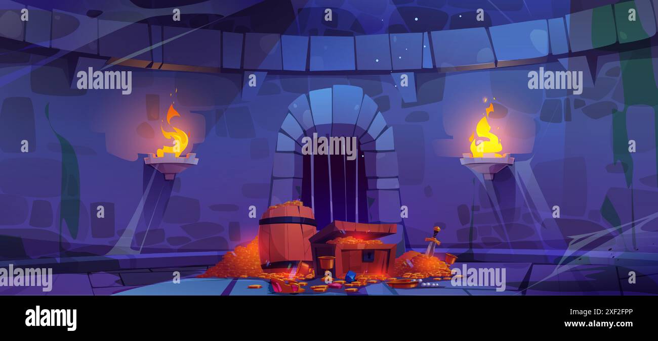 Medieval castle dungeon with stone walls, grid gates entrance, torch ...