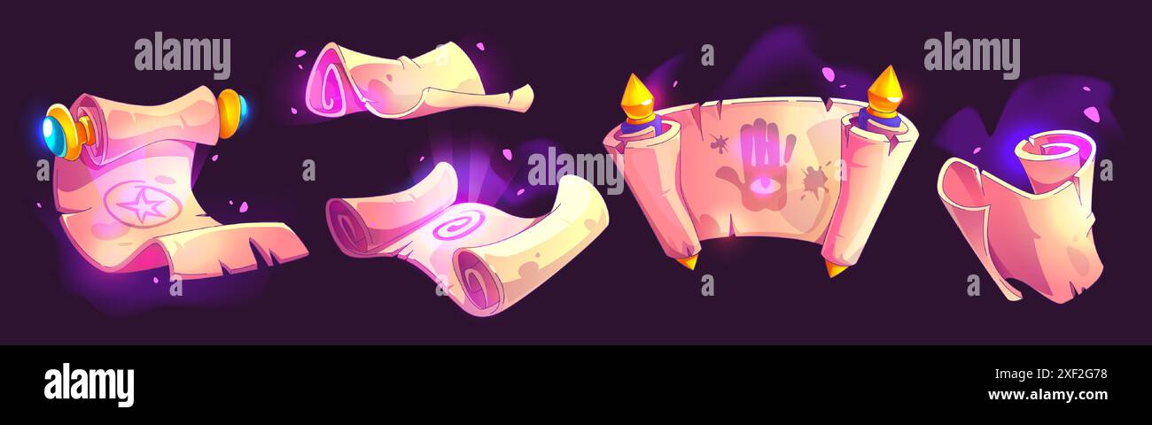 Magic parchment paper and scroll with fantasy glowing ancient wizard ...