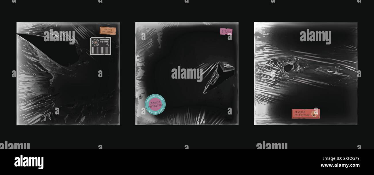 Torn vinyl cd album cover overlay for music record on black background ...