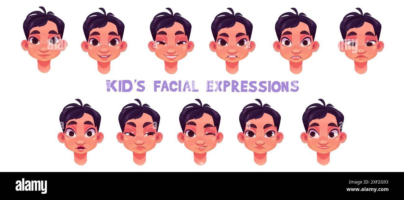 Kid boy face emotions kit. Cartoon vector illustration set of different ...