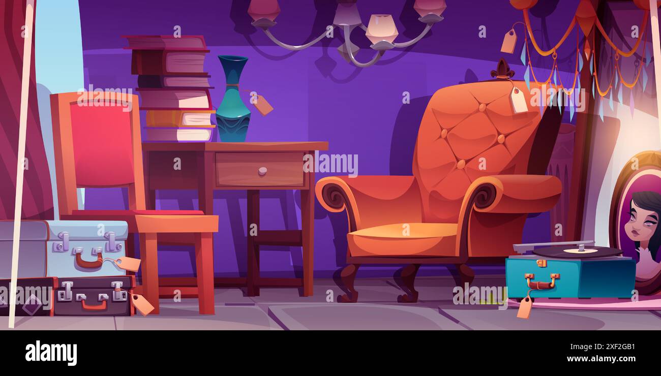 Antique shop interior. Vector cartoon illustration of small room with ...