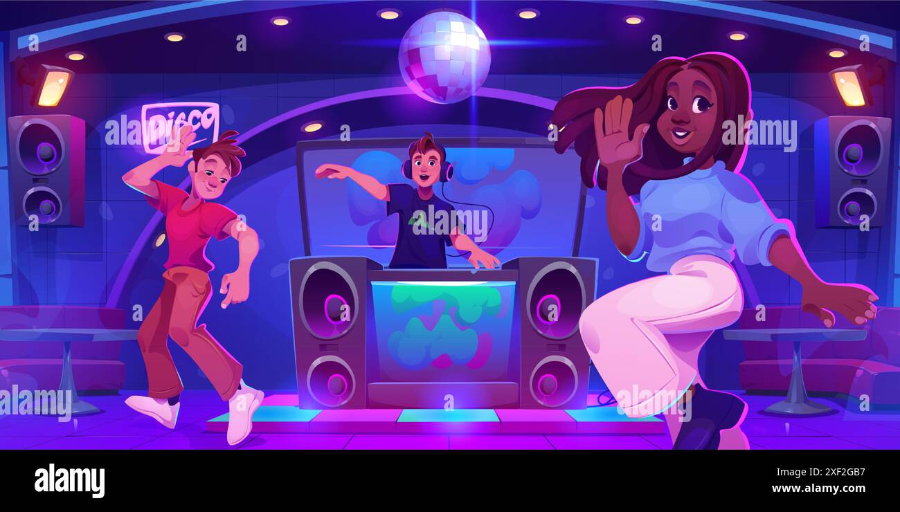 People dancing to dj music in nightclub. Vector cartoon illustration of ...