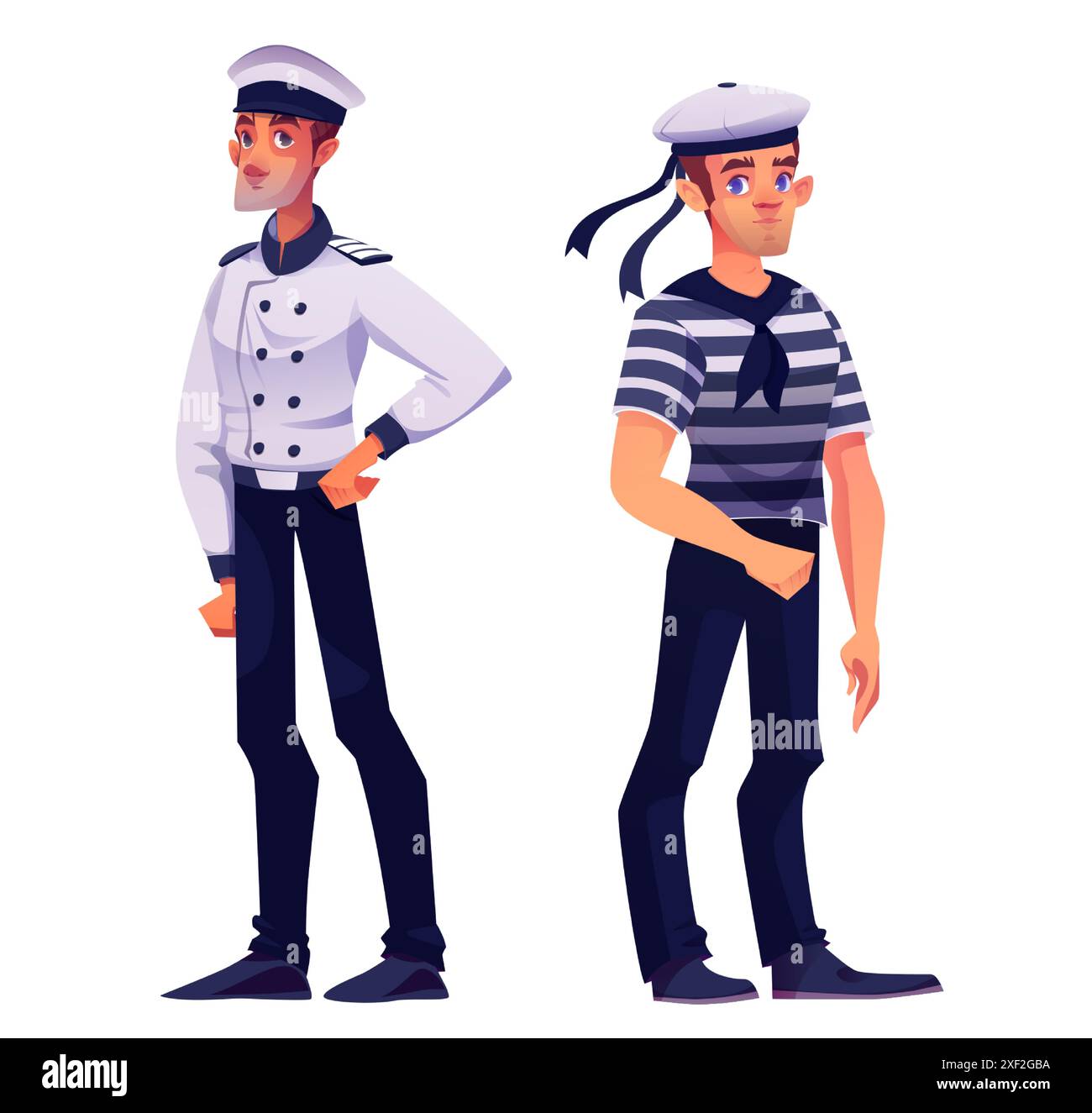Ship captain and sailor man in white and blue stripped uniform and hat ...