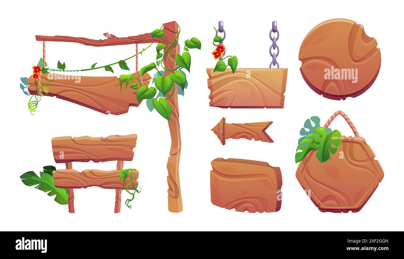 Set of wooden signboards decorated with tropical plants isolated on ...