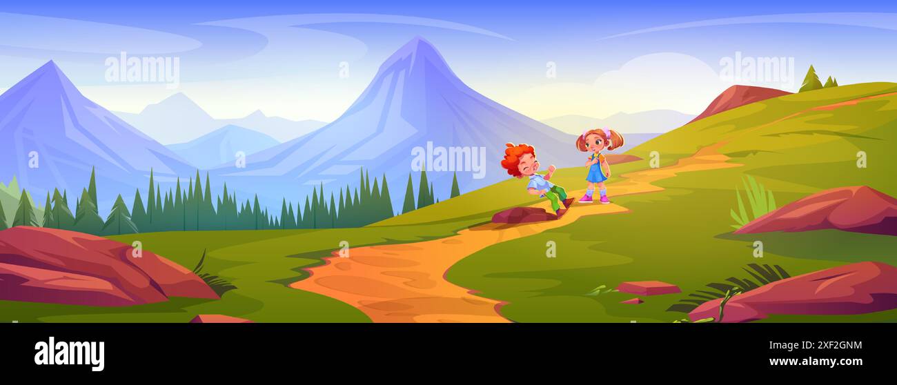 Boy falling and girl help on mountain path cartoon illustration. Cute ...