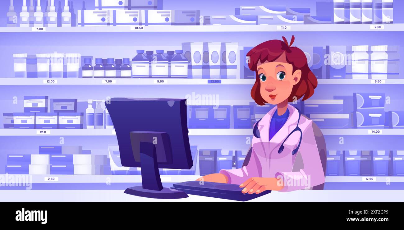 Female pharmacist at drugstore counter with computer and shelves full ...