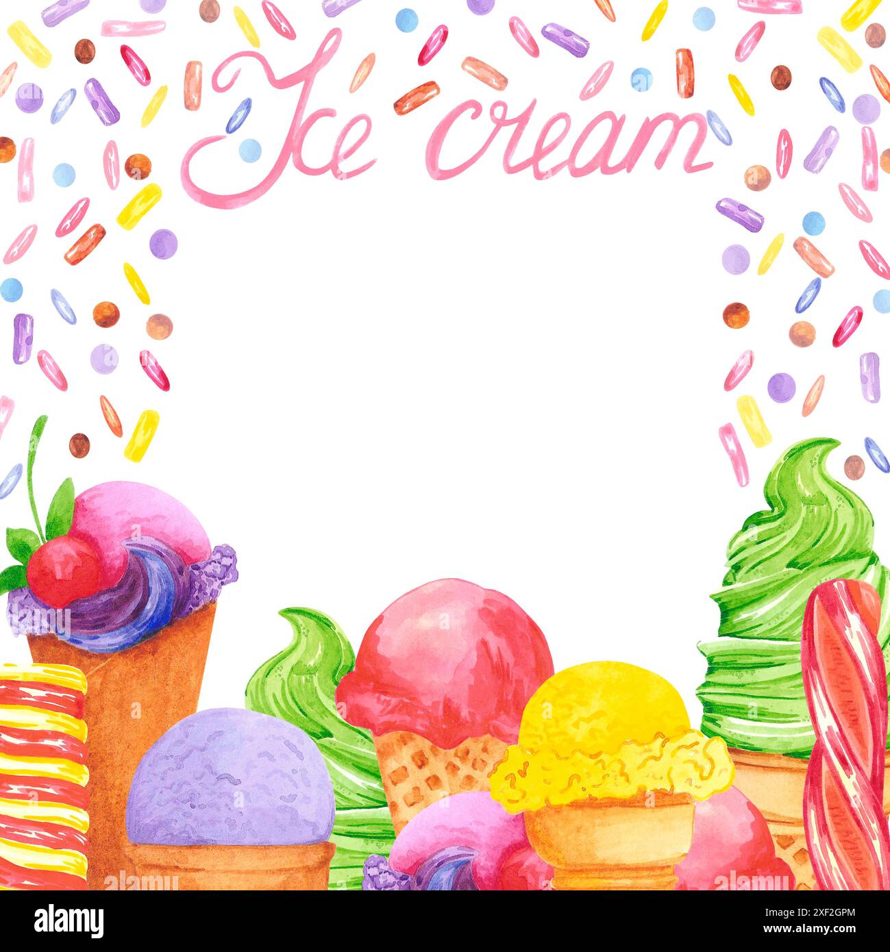 Hand drawn watercolor ice-cream frame border isolated on white ...