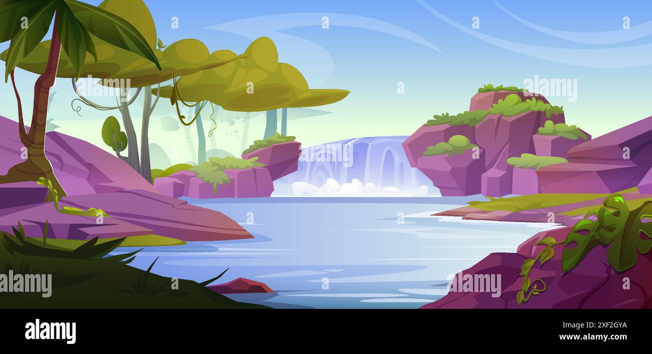 Tropical forest with waterfall cascade. Vector cartoon illustration of ...