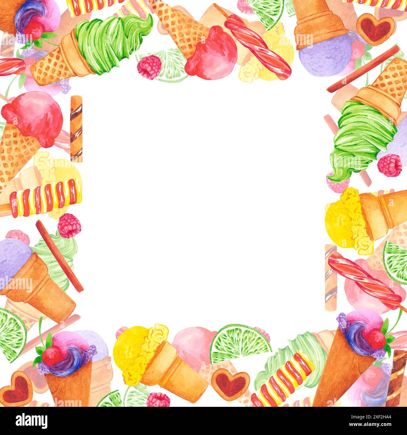 Hand drawn watercolor ice-cream frame border isolated on white ...