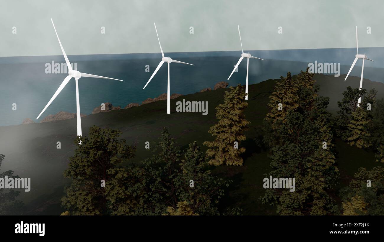 A group of wind turbines are on a hillside next to a body of water ...