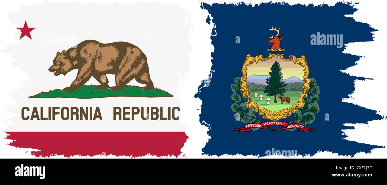 Vermont and California states grunge brush flags connection, vector ...