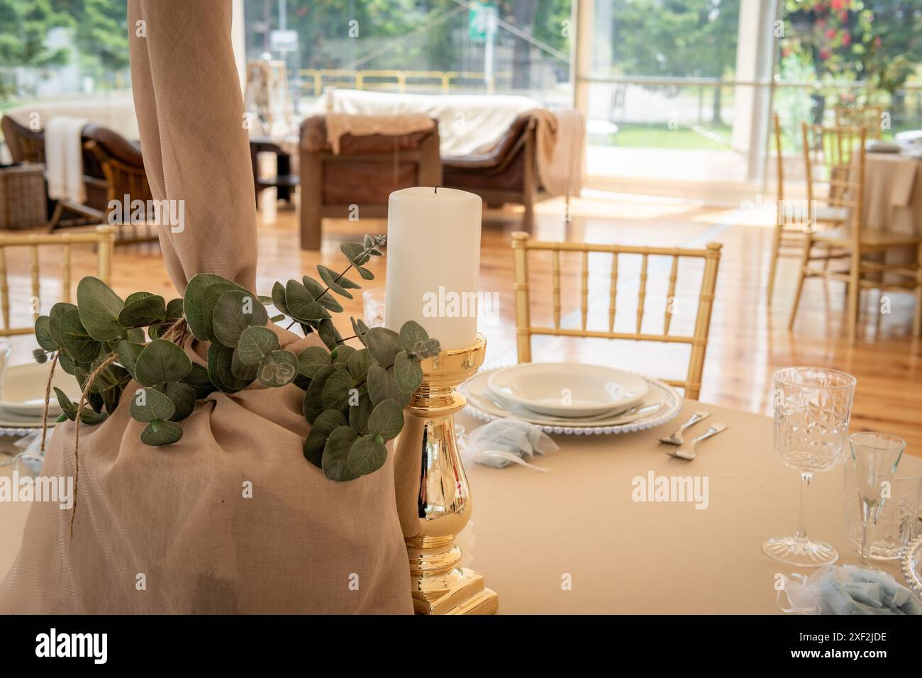 Empty Wedding Reception Hall With White Candle and Gold Candelabra ...
