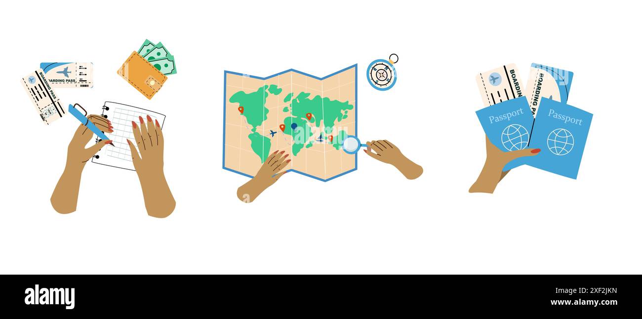 Trip planning world tour concept illustrations set. Travel stickers ...