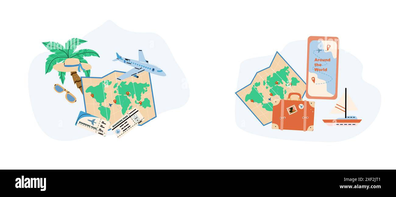Trip planning world tour concepts set. Travel tourism illustrations for banner. Summer vacation ...