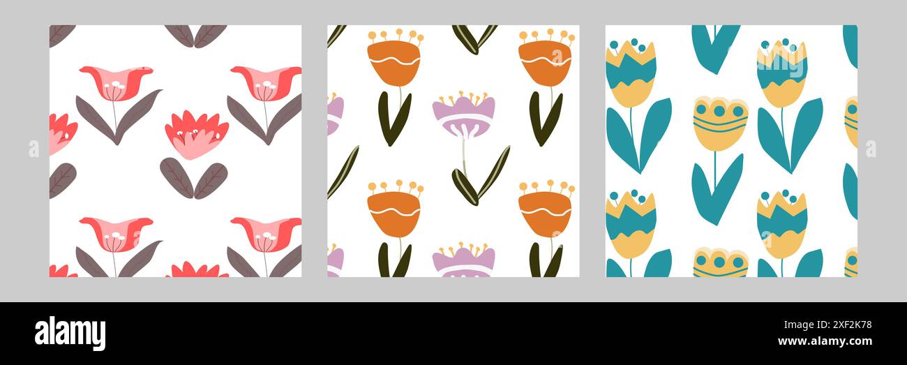 Childrens floral pattern set. Cute flowers and leaves in hand drawn ...