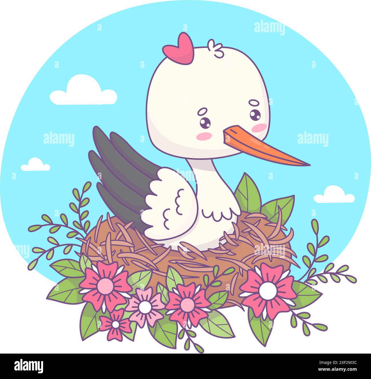 Cute white stork girl in nest with flowers. Funny cartoon kawaii bird ...