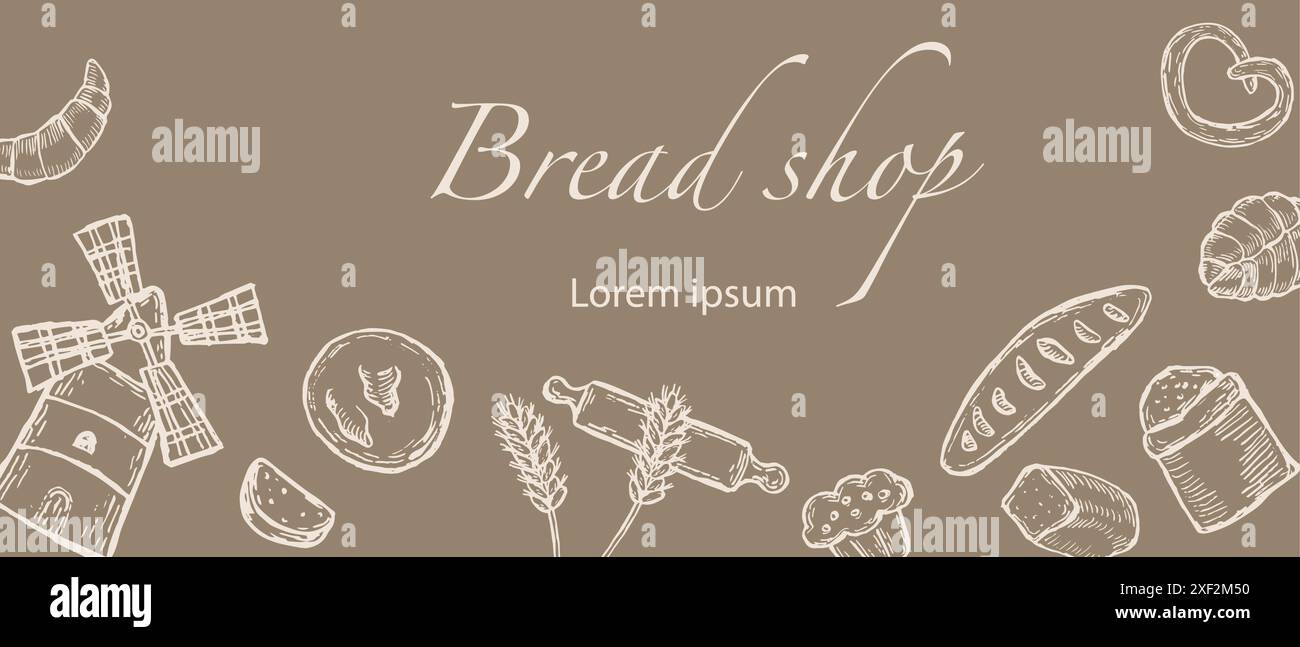Breads shop banner in retro style. Engraved elements background for ...