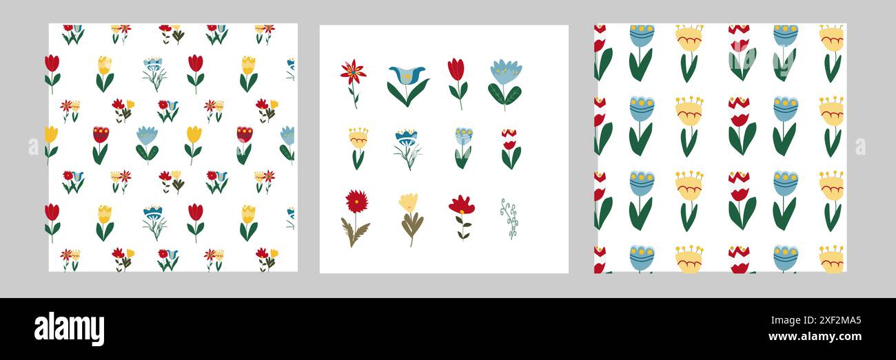 Childrens floral pattern set. Cute flowers and leaves in hand drawn ...