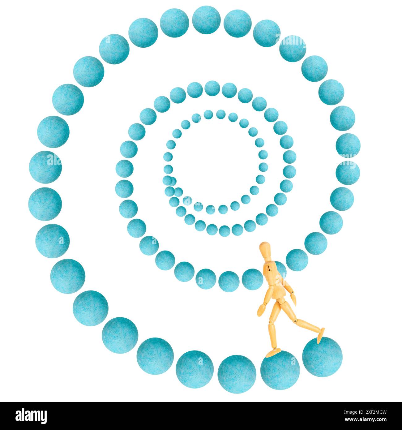 goal concept: wooden man model walking by turquoise spiral to blank ...