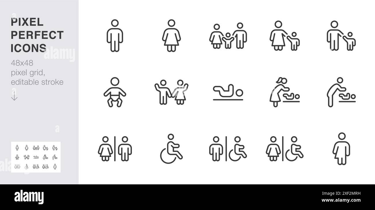 Toilet signs line icon set. Man, woman restroom, baby changing station ...