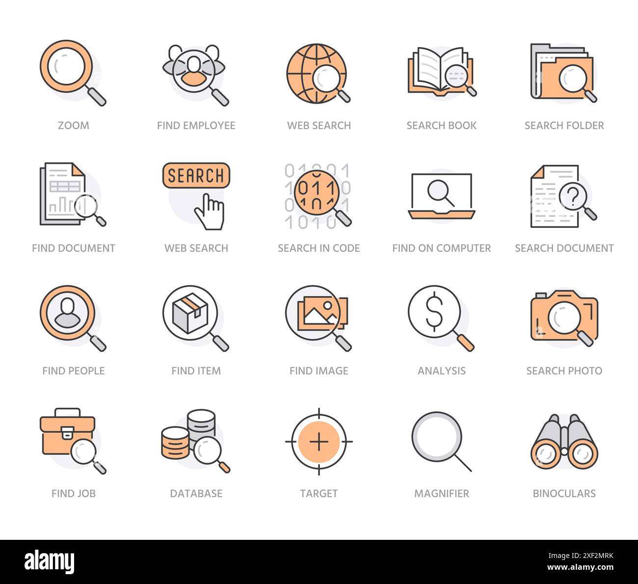 Data search flat line icons set. Magnify glass, find people, image zoom ...