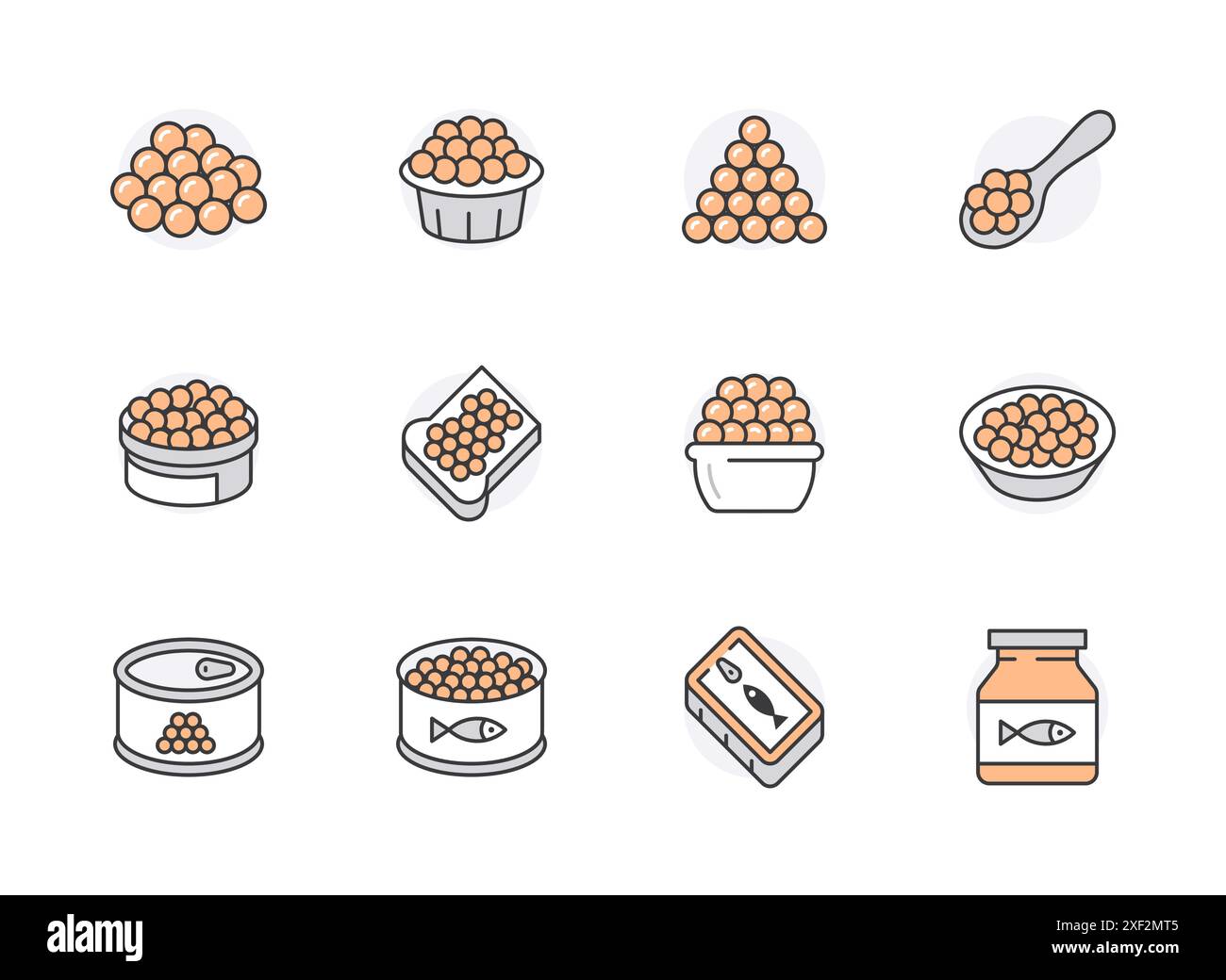Red caviar flat line icons set. Canned fish eggs, tobiko roe, appetizer vector illustrations ...