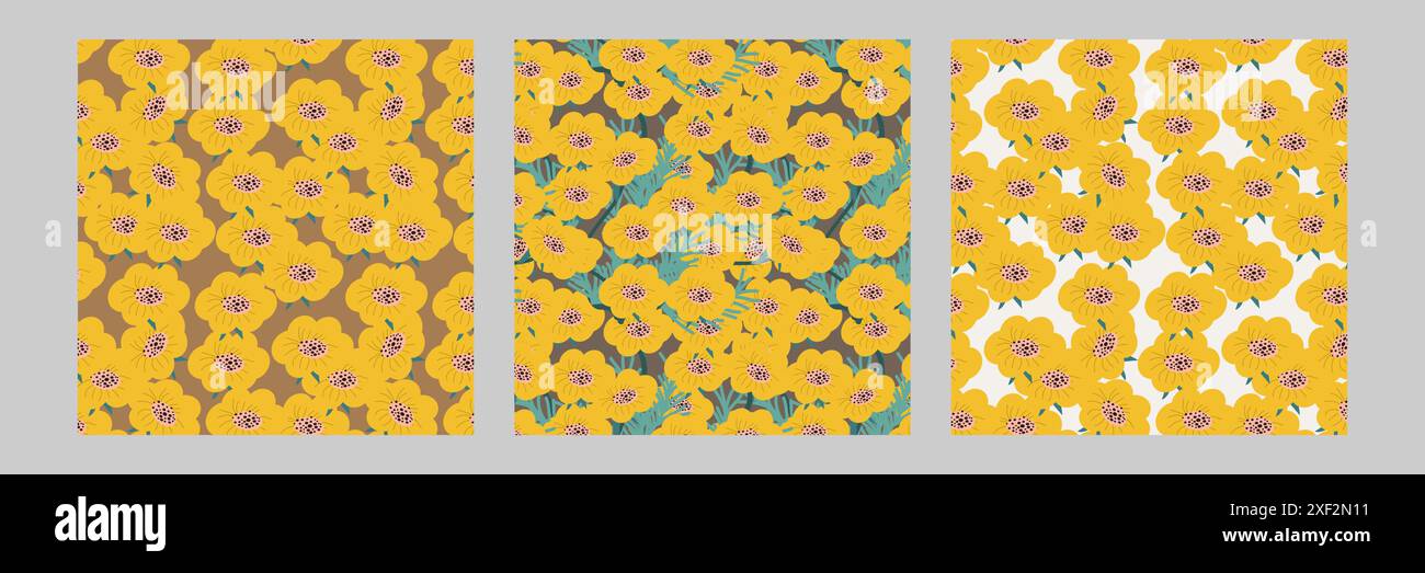 Childrens floral pattern set. Cute flowers and leaves in hand drawn ...