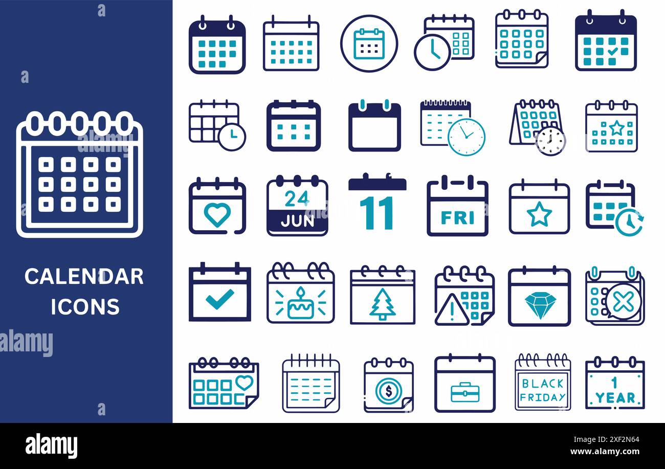 Set calendar icon. Date, schedule, month, week, appointment, and event ...