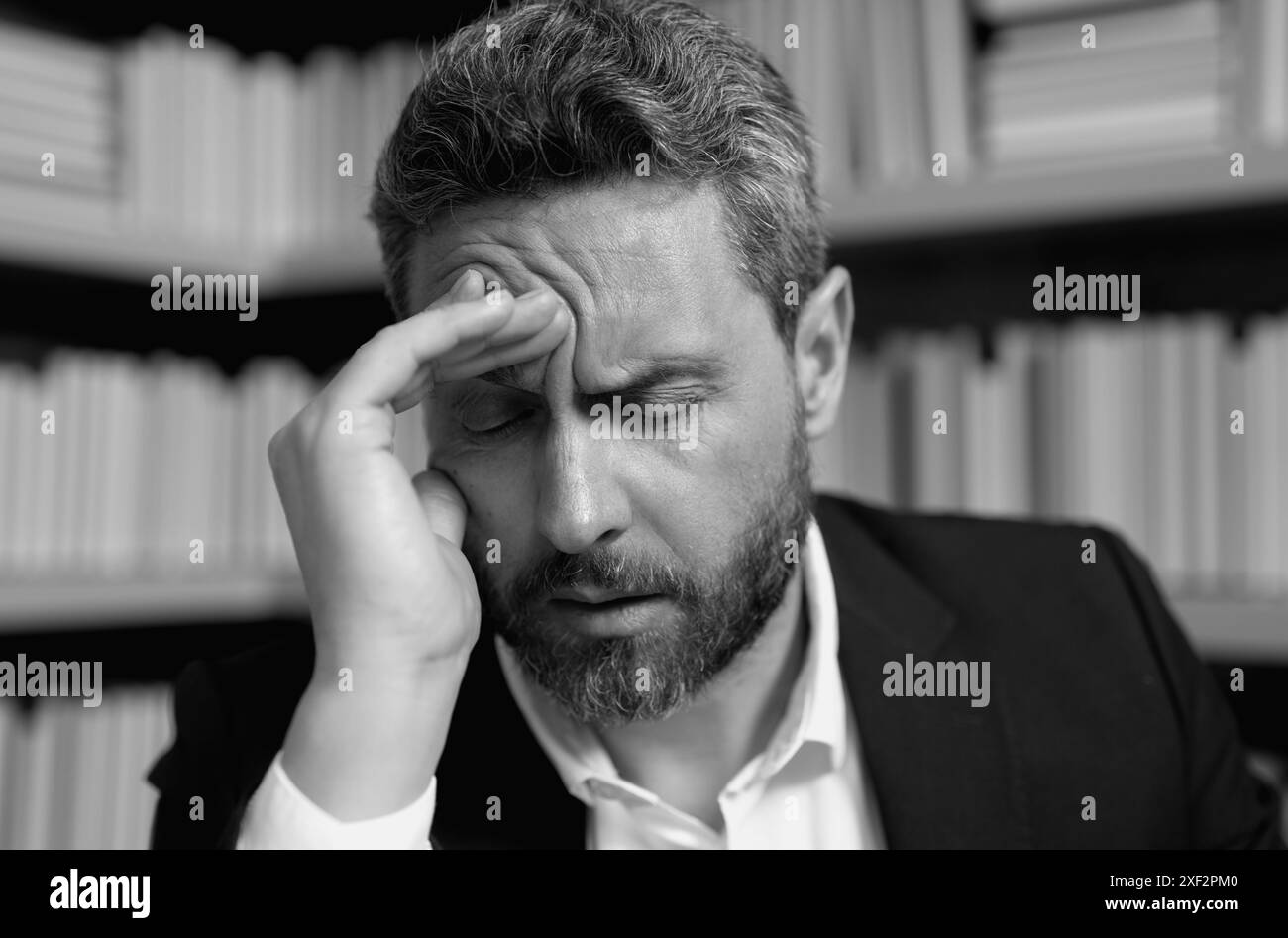 Tired, headache and eye strain on laptop. Man with stress, burnout and ...