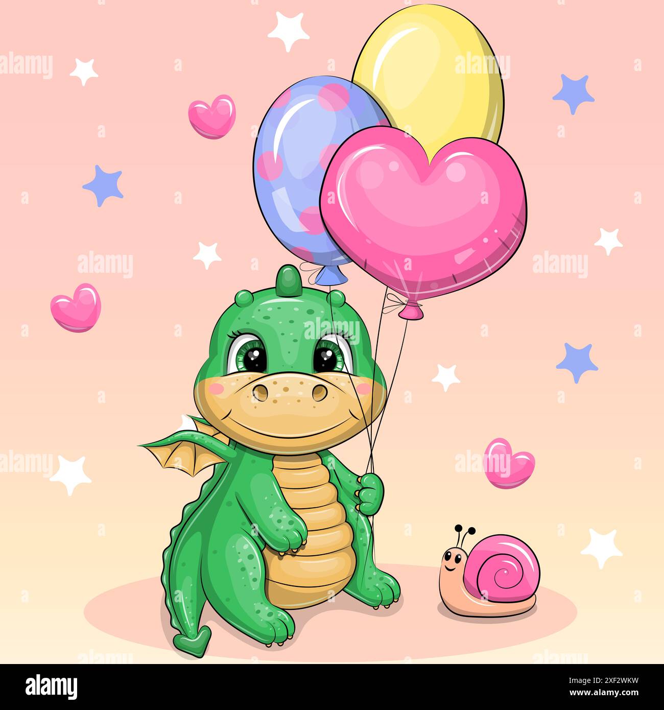 Cute cartoon green dragon with balloons and snail. Vector illustration ...