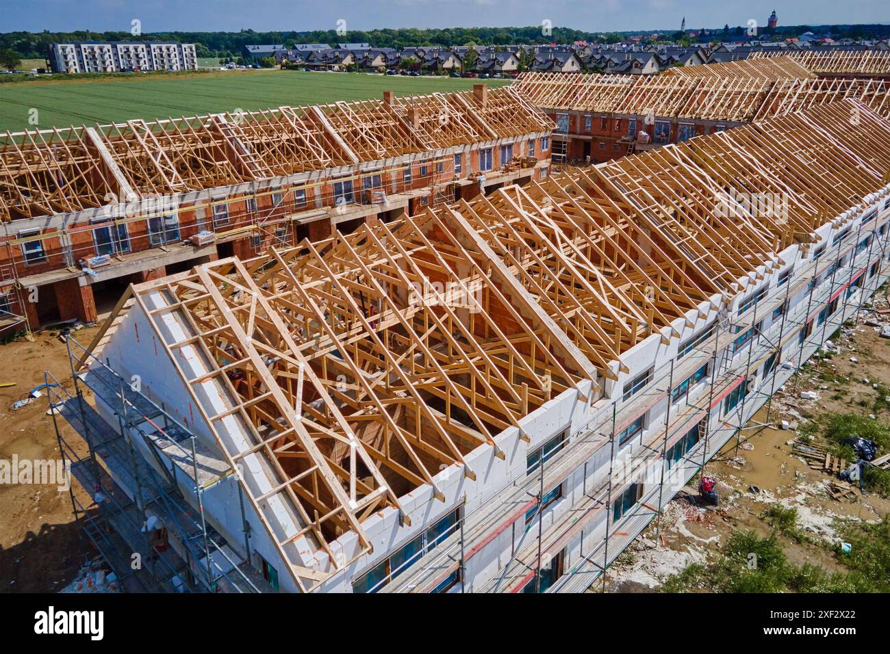Aerial view of new house construction project in suburban area ...