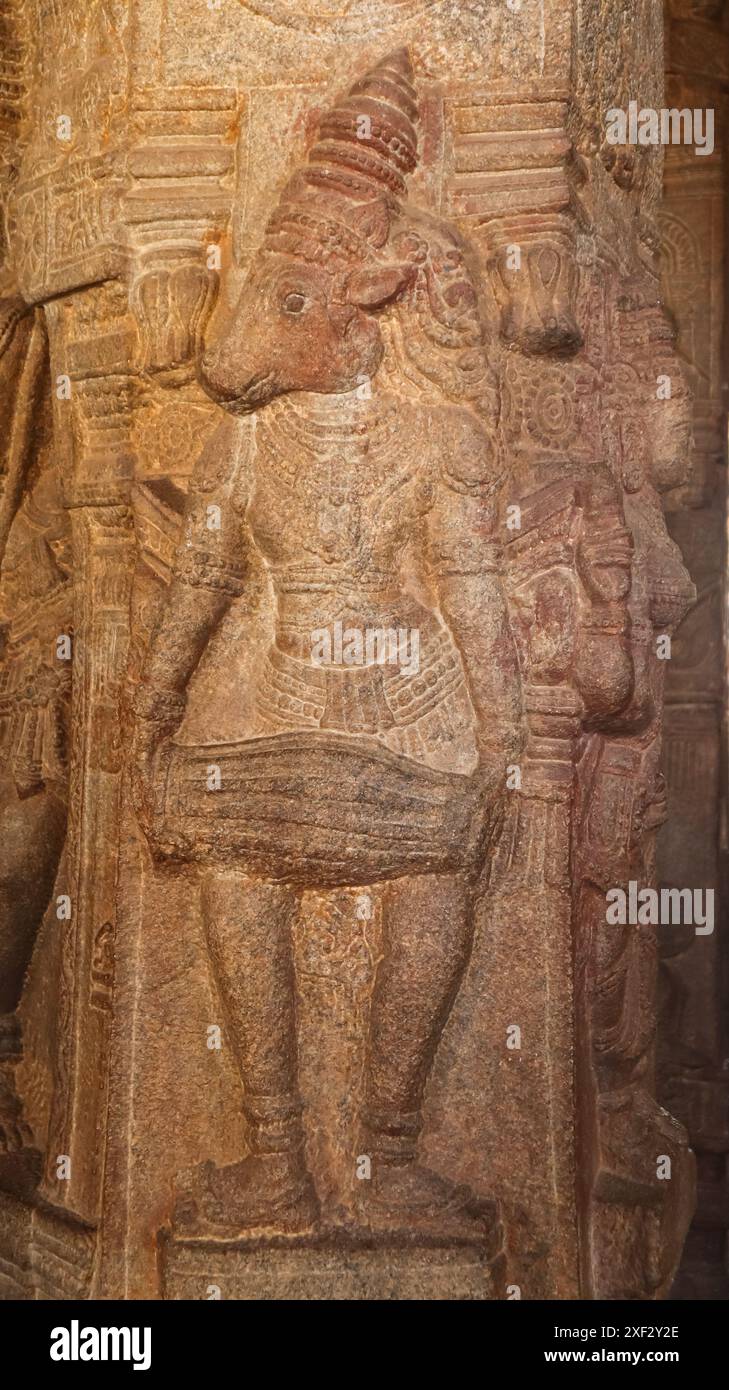 Carving of Nadi with a dholak, on Sri Veerabhadra Swamy Temple Mandapa ...