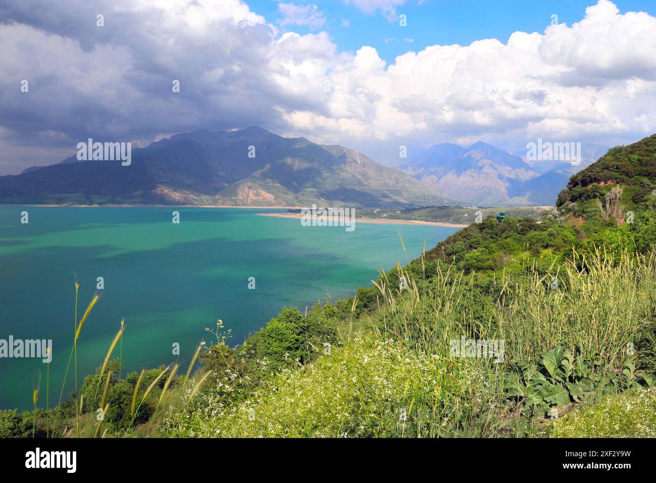 Aerial view of the Charvak reservoir, Tashkent region, Uzbekistan ...