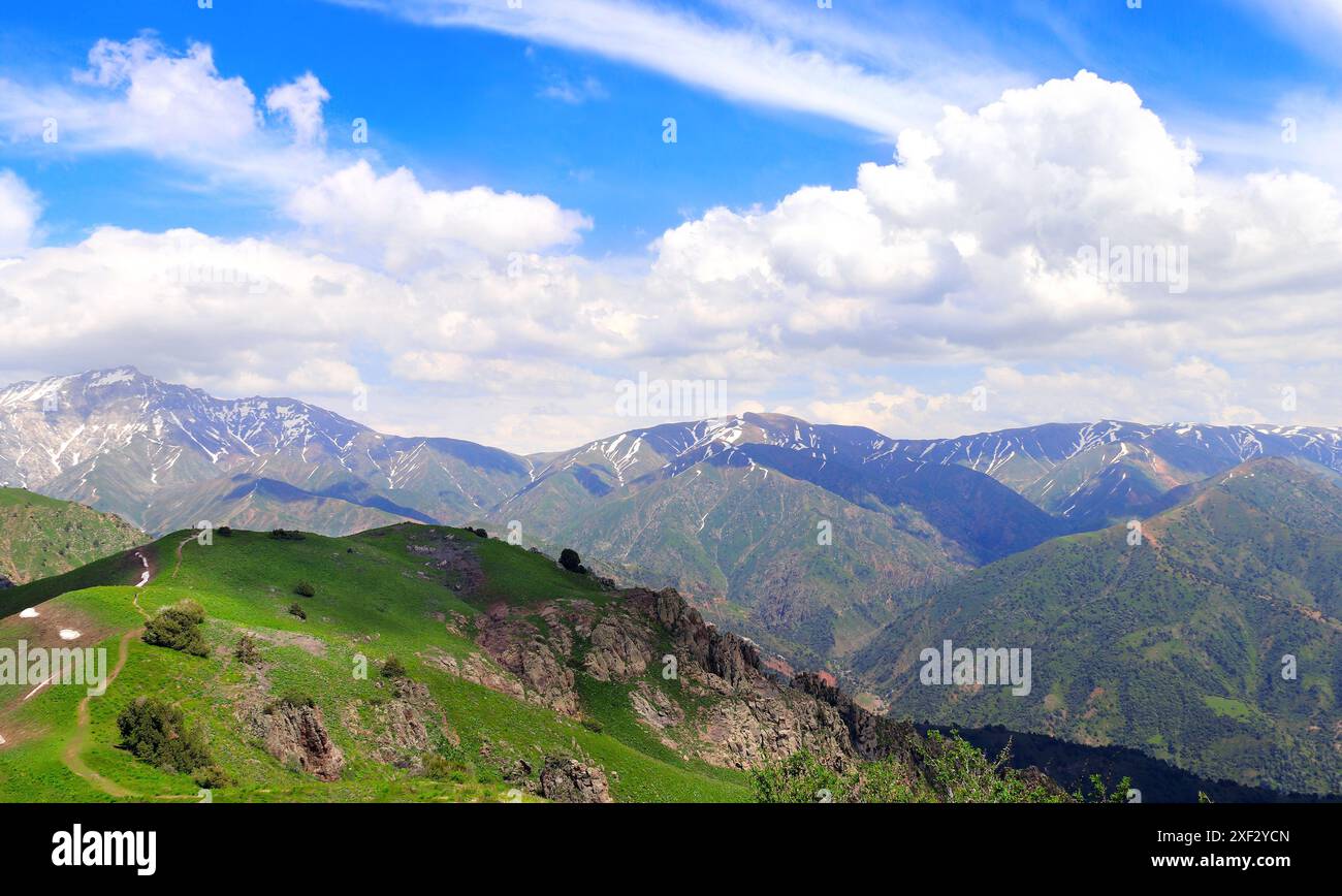 Beautiful landscape in Chimgan mountains, Tashkent region. Aerial view of idyllic mountain ...