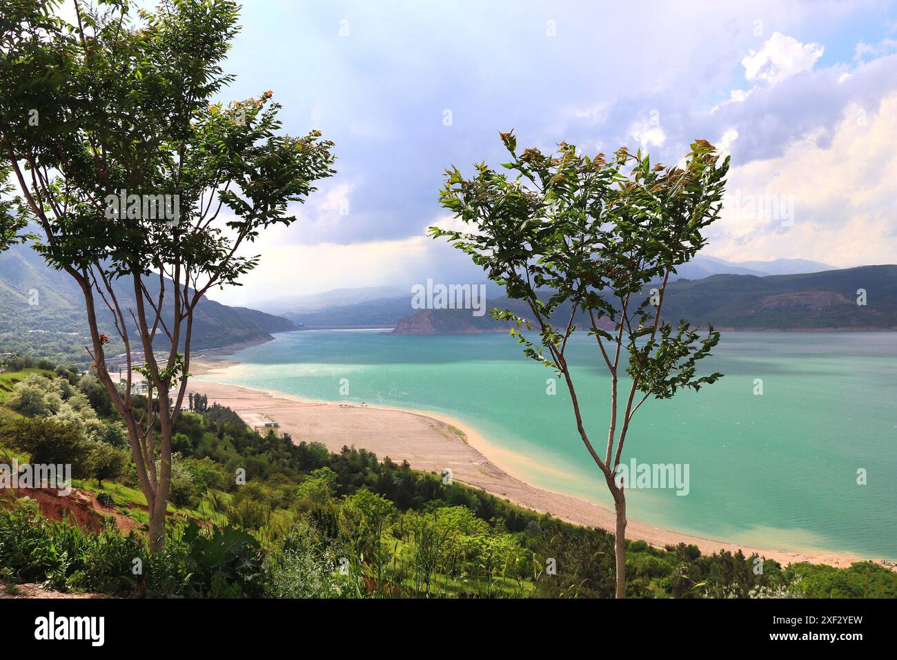 Aerial view of the Charvak reservoir, Tashkent region, Uzbekistan ...