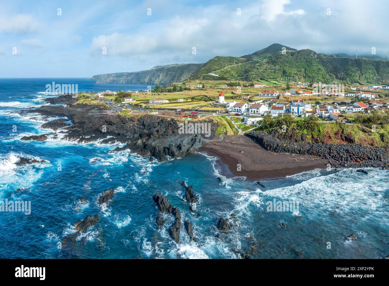 Aerial view of Mosteiros village at Sao Miguel island, Azores ...