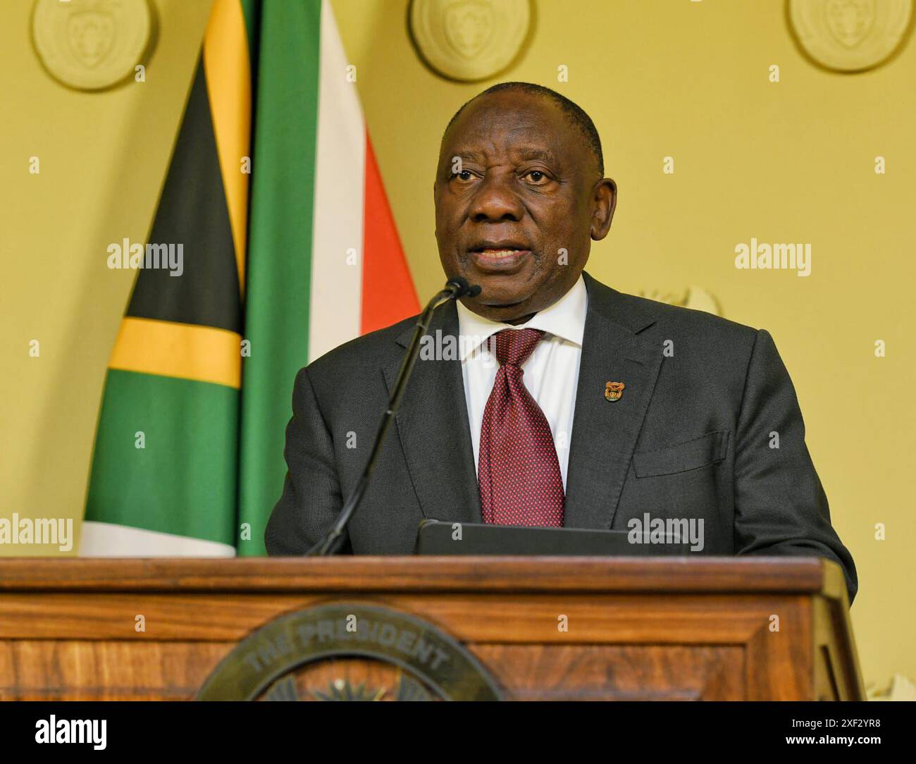 (240701) -- PRETORIA, July 1, 2024 (Xinhua) -- South African President Cyril Ramaphosa speaks ...