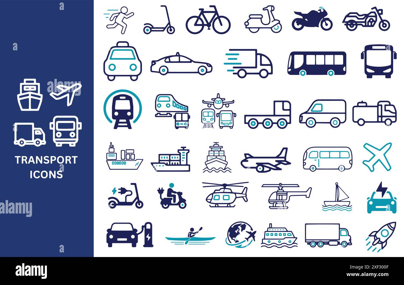 Transport Icon Set. Run, bicycle, bike, scooter, motorbike, car, bus ...