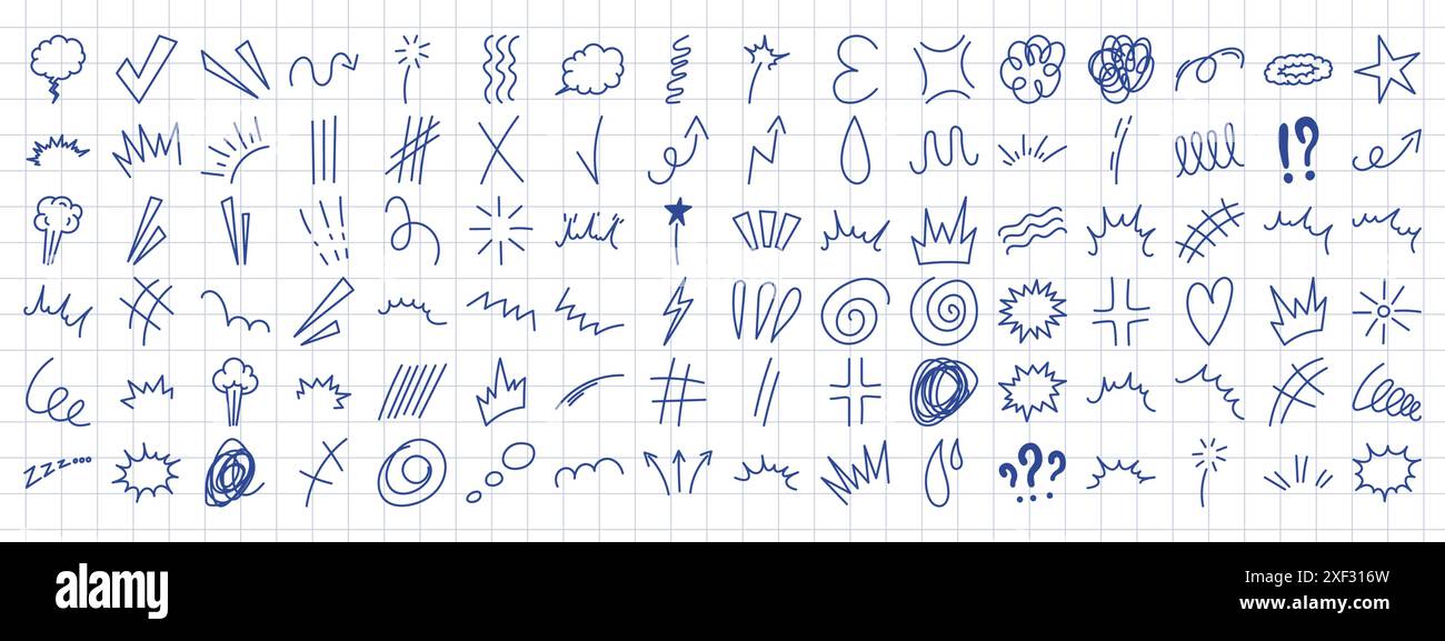 Hand drawn anime manga effect set on checkered sheet. Manga collection ...